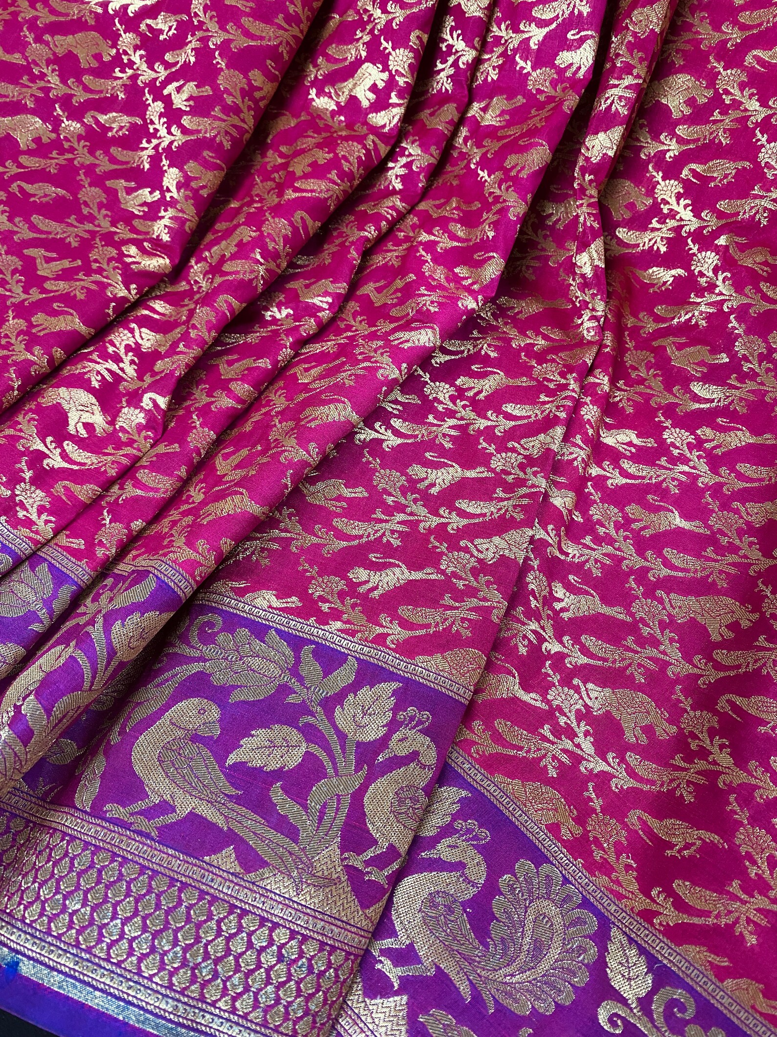 Magenta With Purple and Blue Color Combination Banarasi Silk Shikargah ...