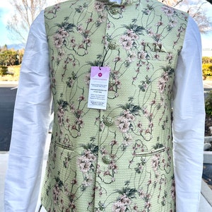 Designer Pista Green Gold Modi Nehru Jacket for Men in Jute Silk ...