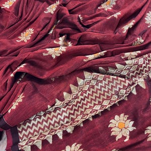 Handmade Deep Maroon Color Saree in Bengal Linen With Muted Gold Zari ...
