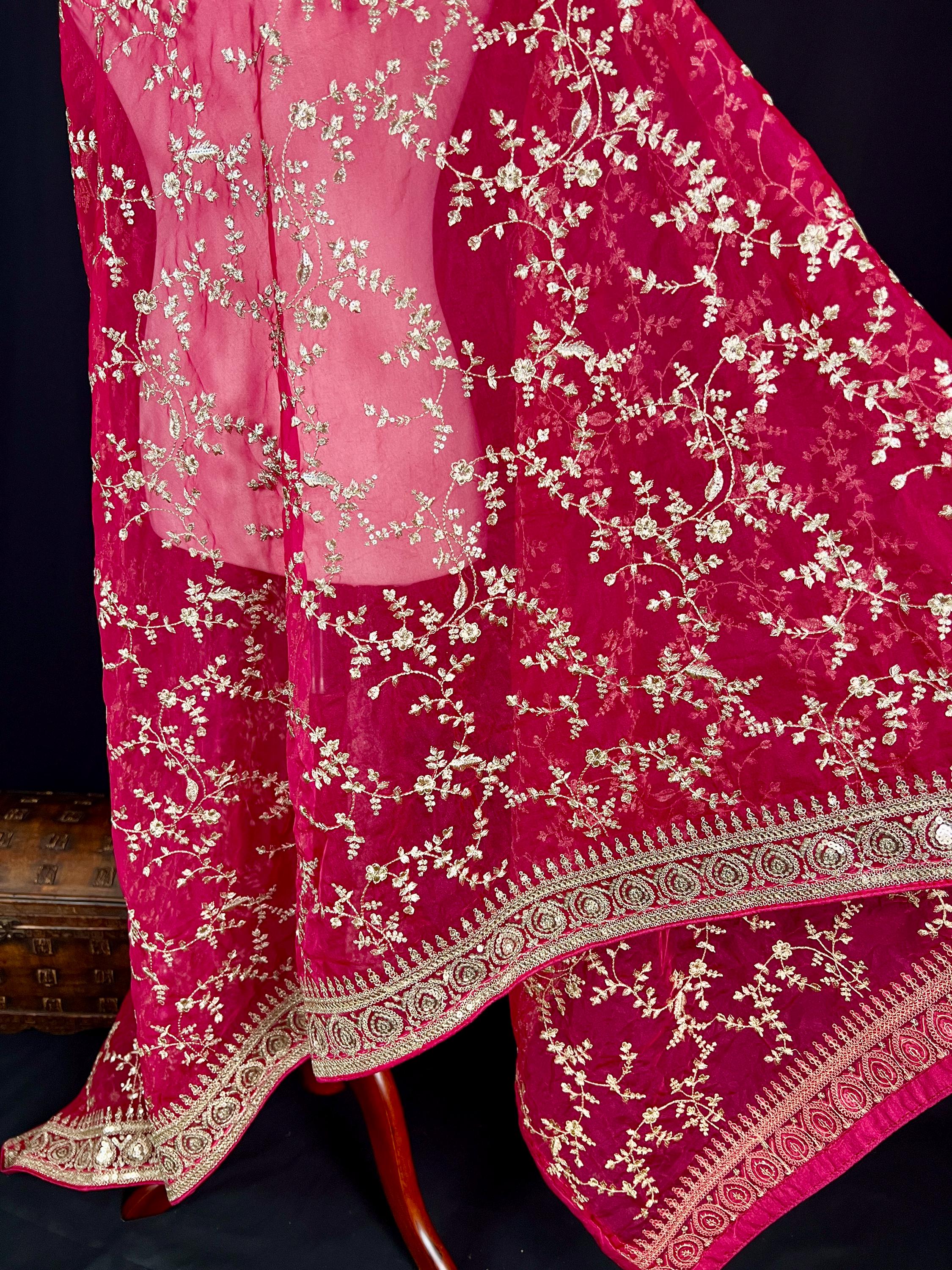 Statement Hot Pink Color Organza Silk Dupatta With Muted Gold Zari ...