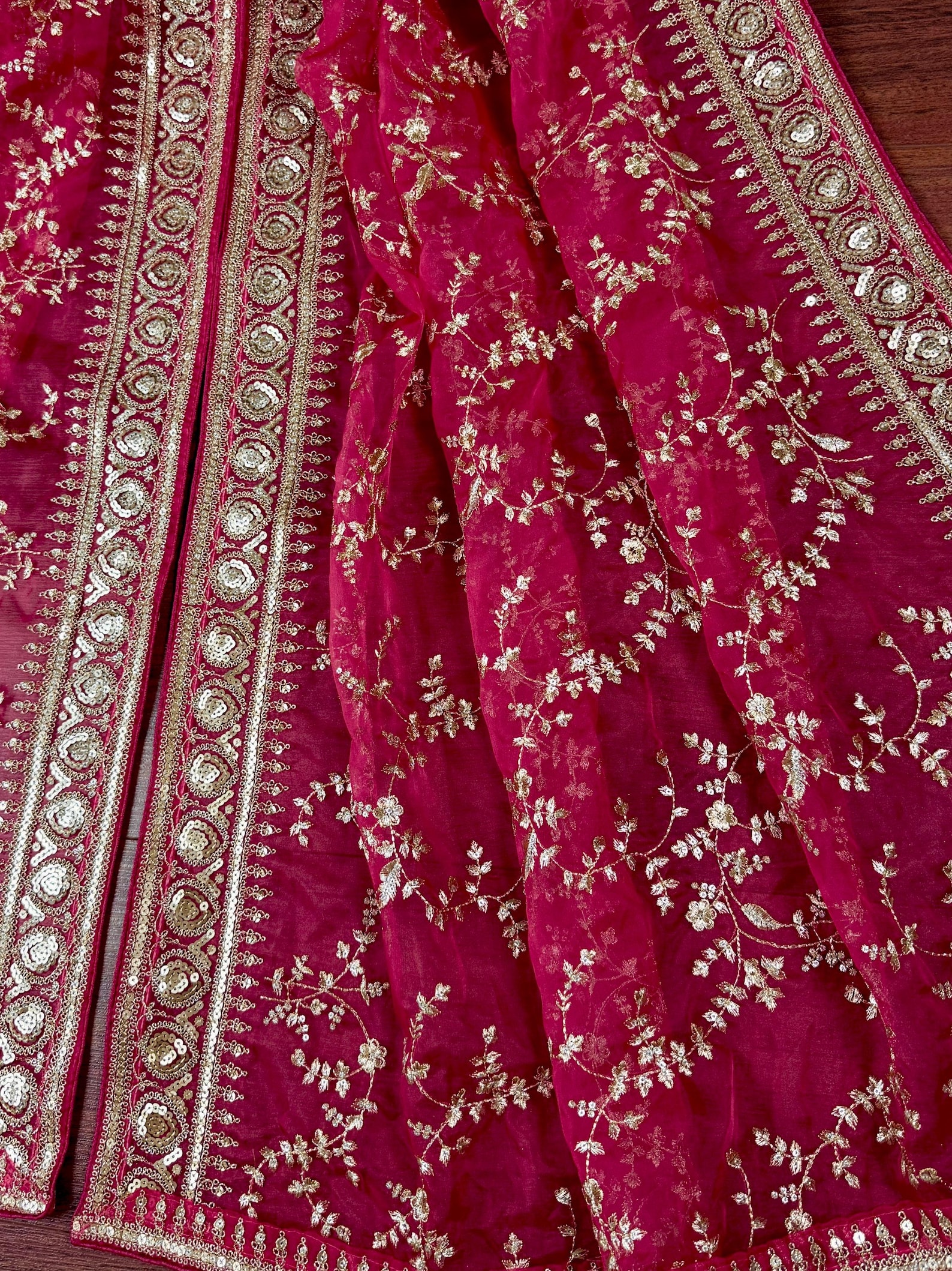 Statement Hot Pink Color Organza Silk Dupatta With Muted Gold Zari ...
