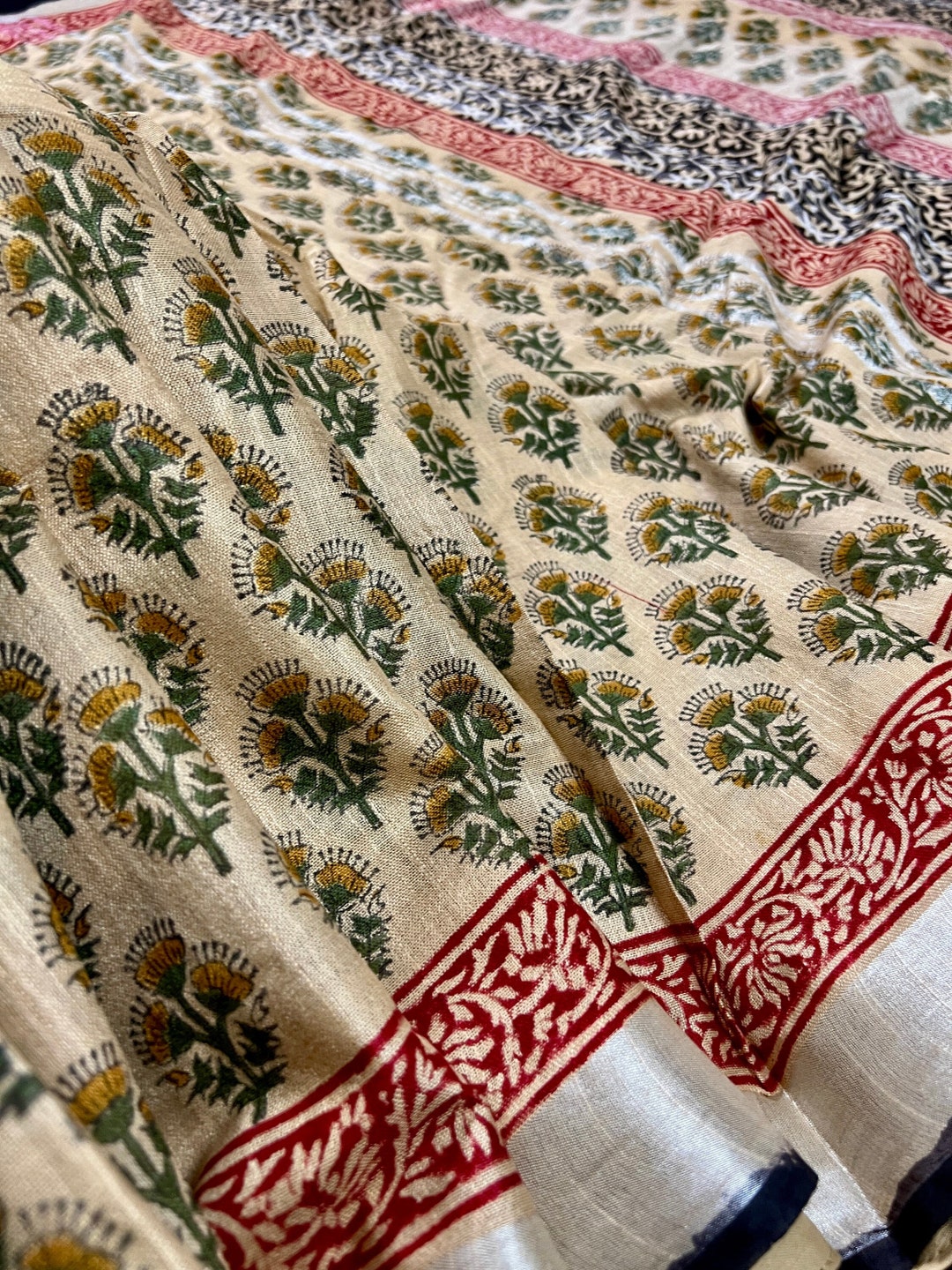 Statement Beige Color Authentic Bangru Hand Block Floral Print Linen ...