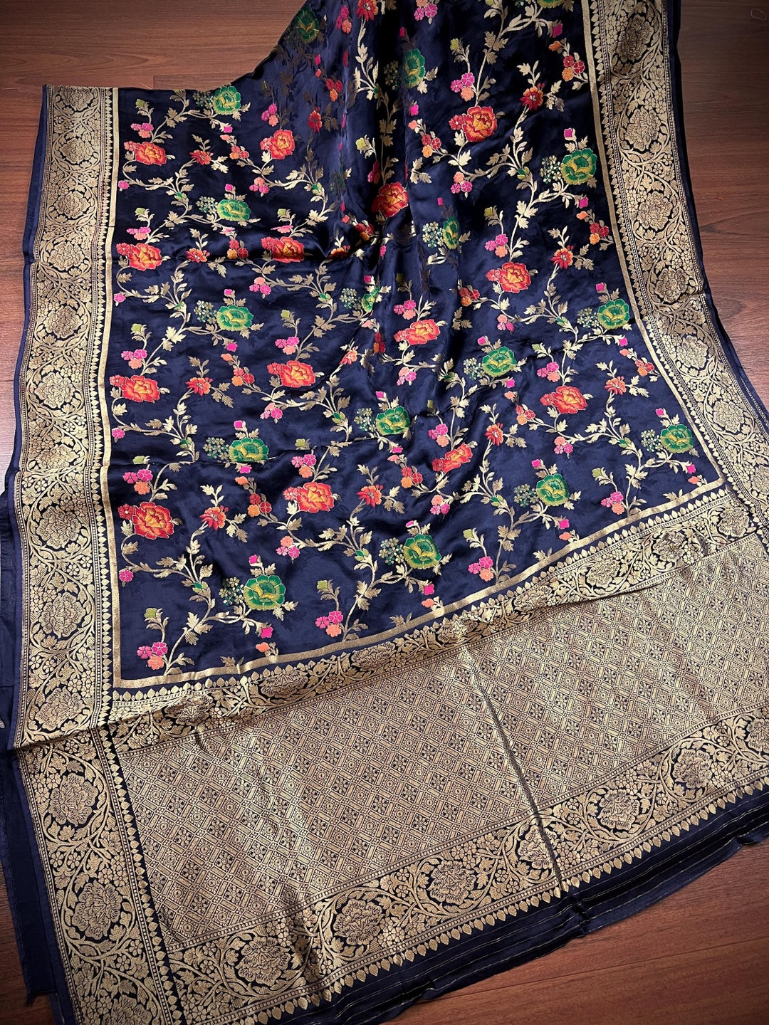 Statement Midnight Blue Color Pure Satin Silk Saree - Handwoven Floral ...