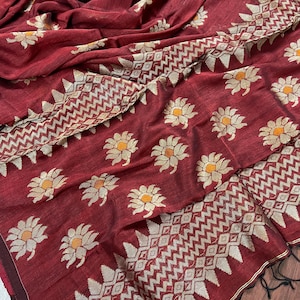 Handmade Deep Maroon Color Saree in Bengal Linen With Muted Gold Zari ...