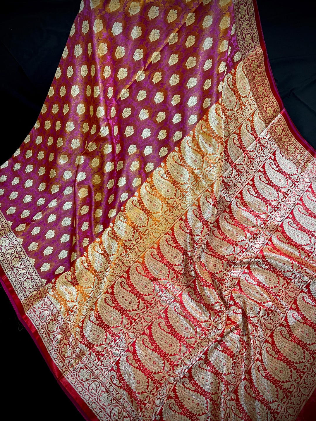 Statement Copper Pink Dual Shade With Red Borders Banarasi Tanchoi Silk ...