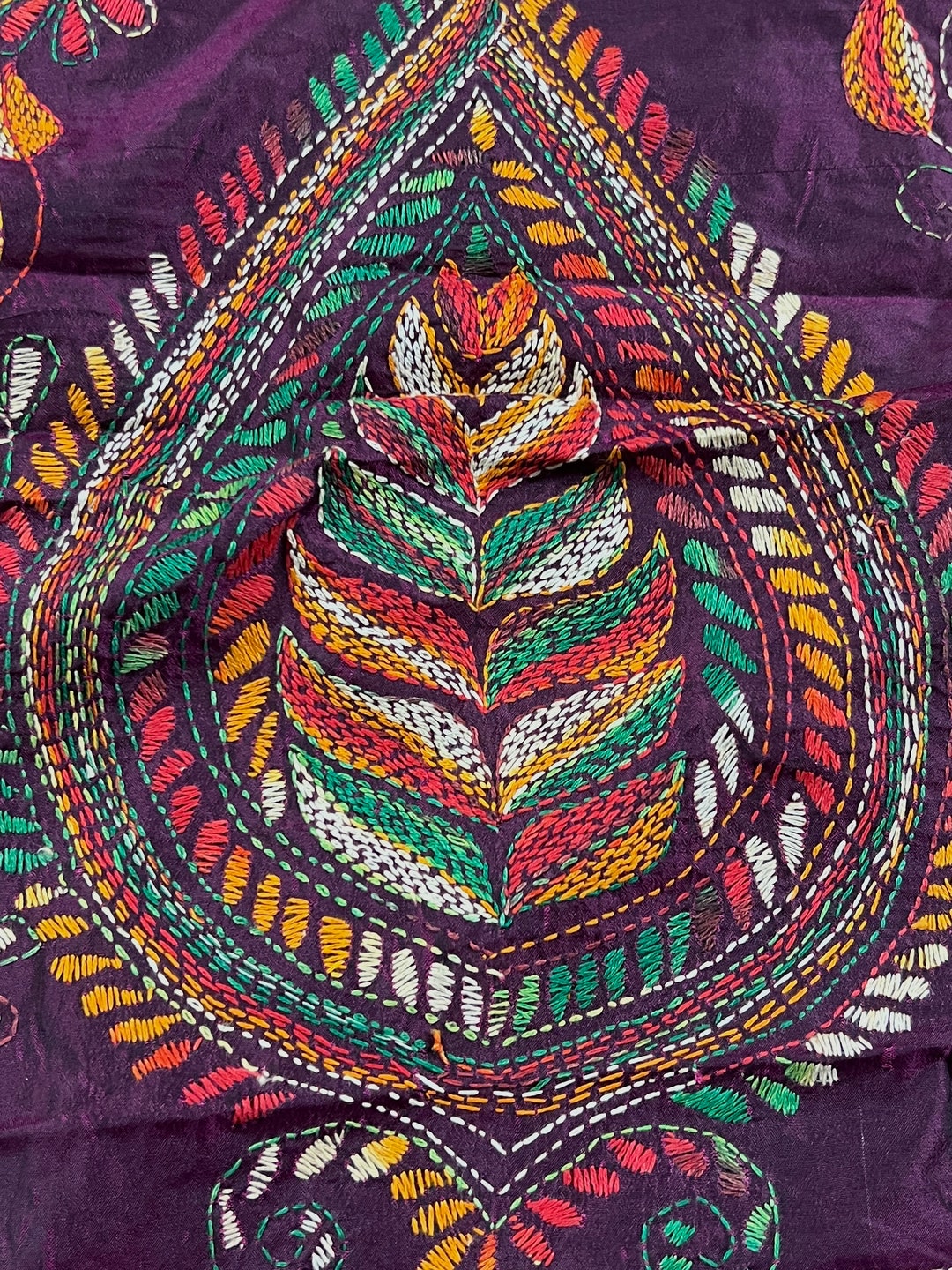 Wine Color Kantha Stitch Saree - Bangalori Silk Saree - Handwoven ...