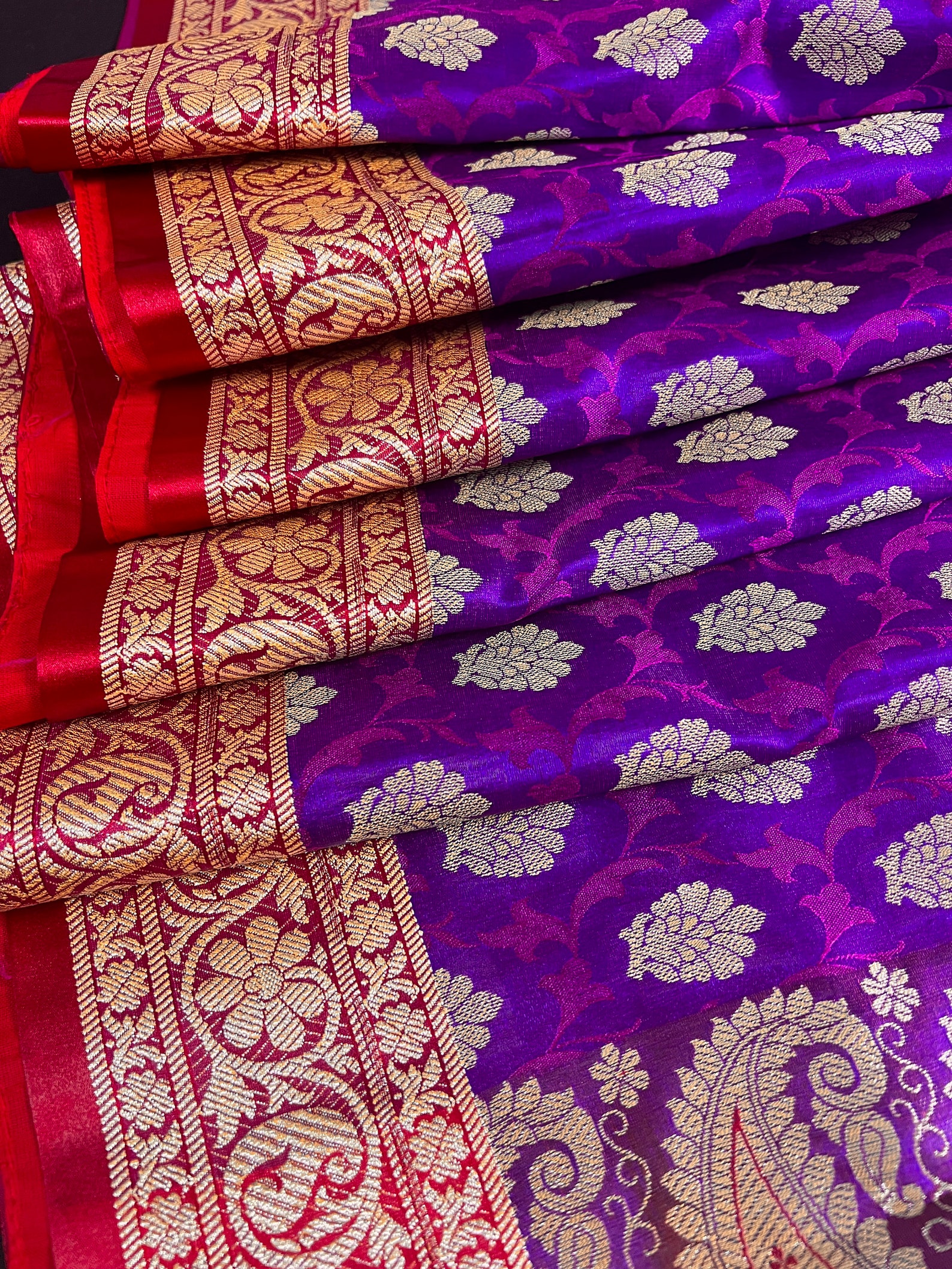 Purple With Red Borders Banarasi Tanchoi Silk Handloom Saree - Etsy