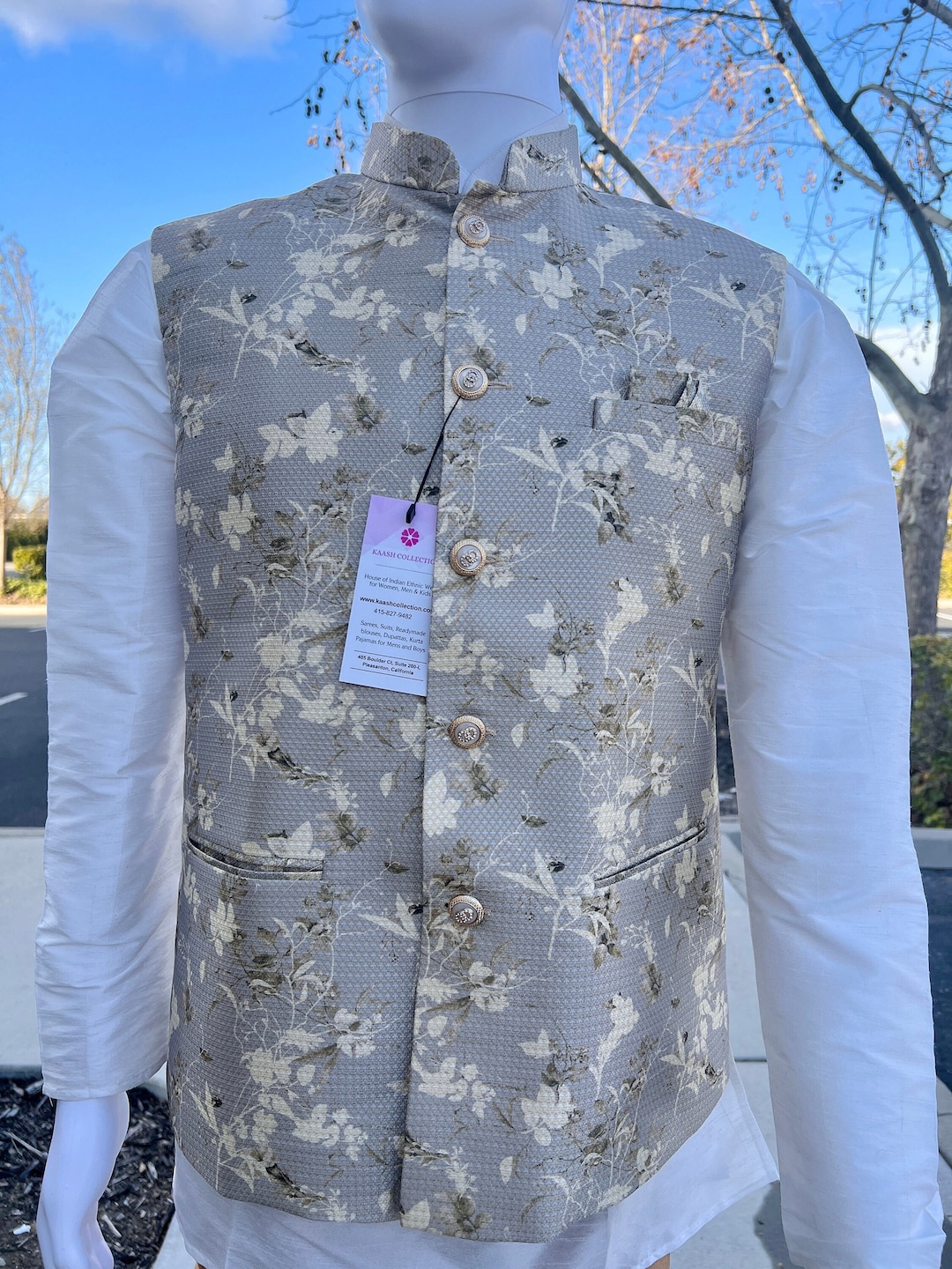 Designer Light Grey Gold Modi Nehru Jacket for Men in Jute Silk ...