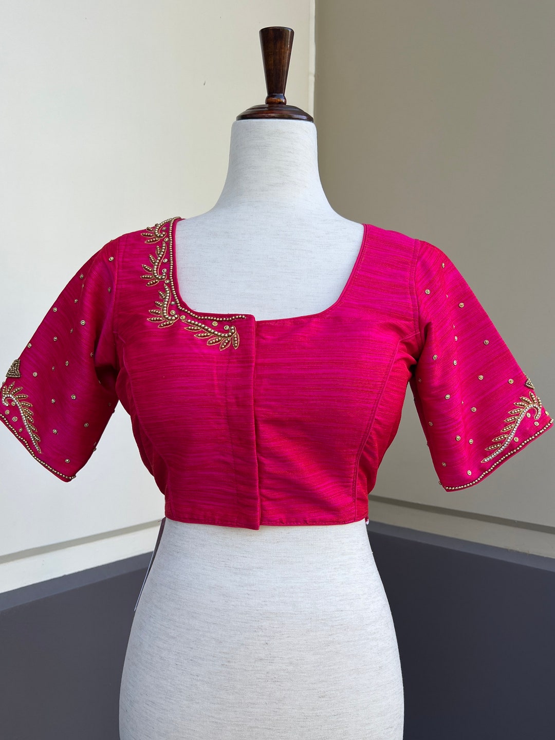 Hot Pink Color Raw Silk Ready to Wear Blouse | Handwork Blouses ...