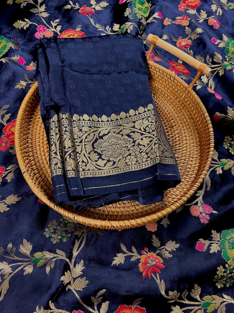 Statement Midnight Blue Color Pure Satin Silk Saree - Handwoven Floral ...
