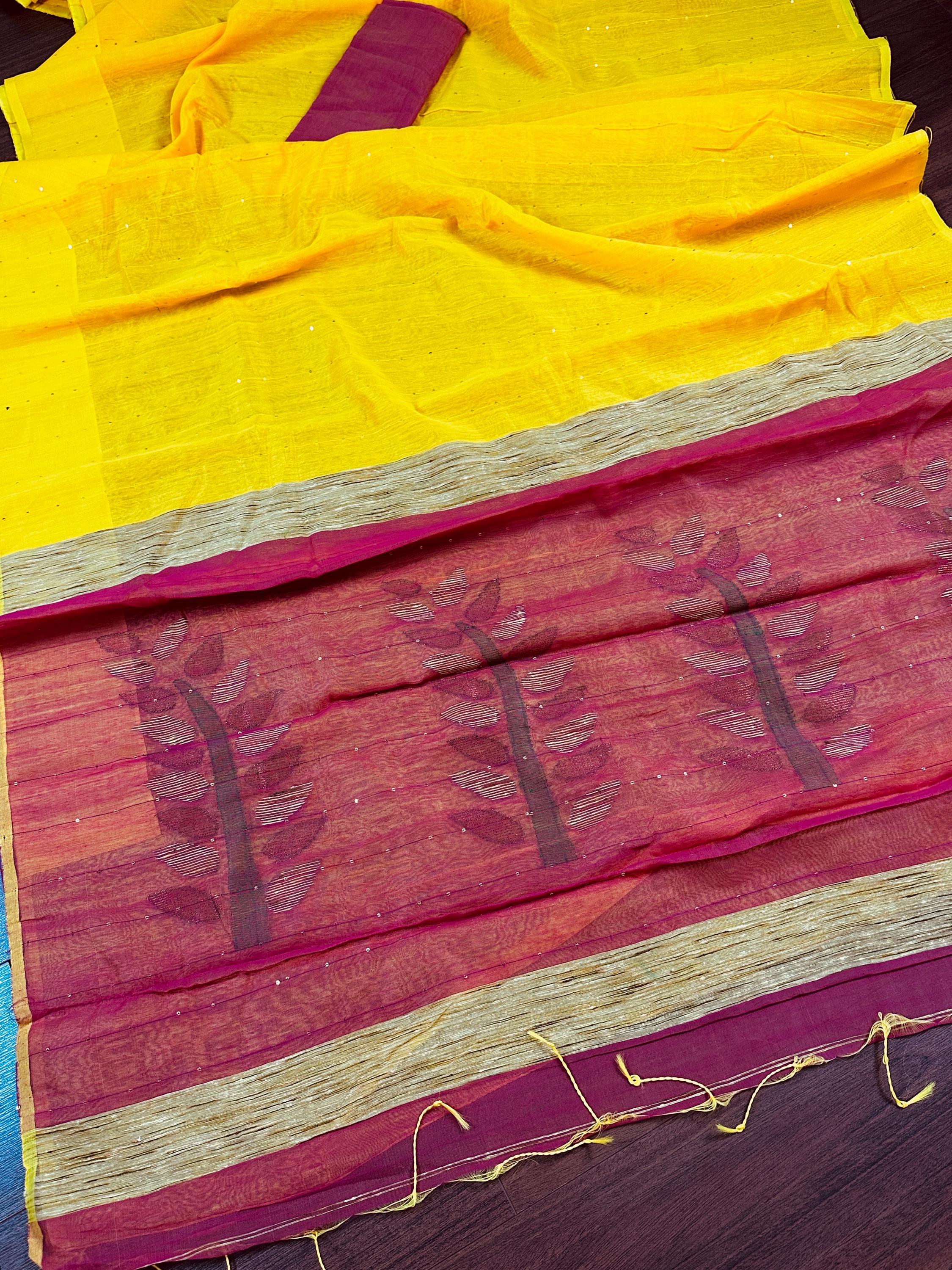 Yellow and Peachy Pink Color Handloom Saree With Tiny Sequence Work and ...