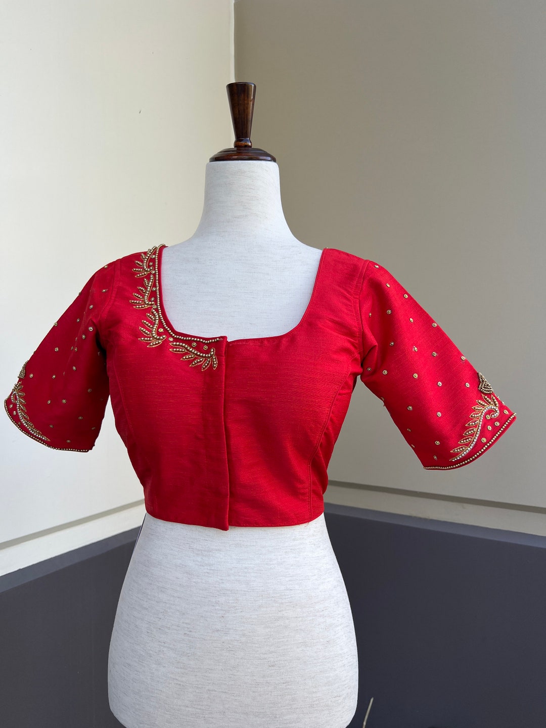 Bright Red Color Raw Silk Ready to Wear Blouse | Handwork Blouses ...