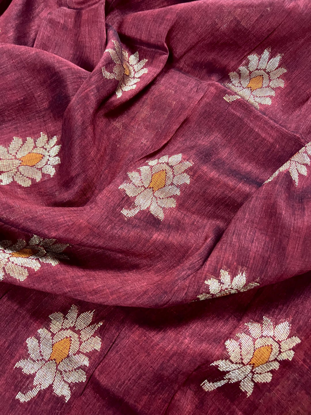 Handmade Deep Maroon Color Saree in Bengal Linen With Muted Gold Zari ...