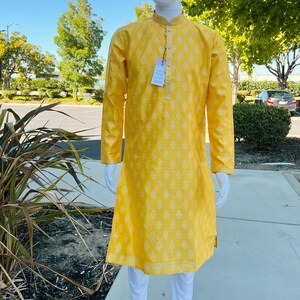 Size 38 Yellow Color Silk Men Kurta Pajama With Weave Work Kurta Pajama ...