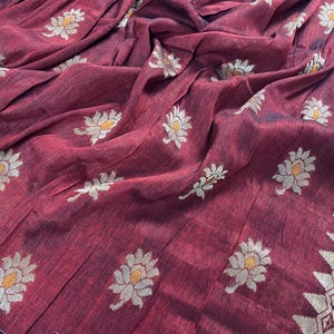 Handmade Deep Maroon Color Saree in Bengal Linen With Muted Gold Zari ...