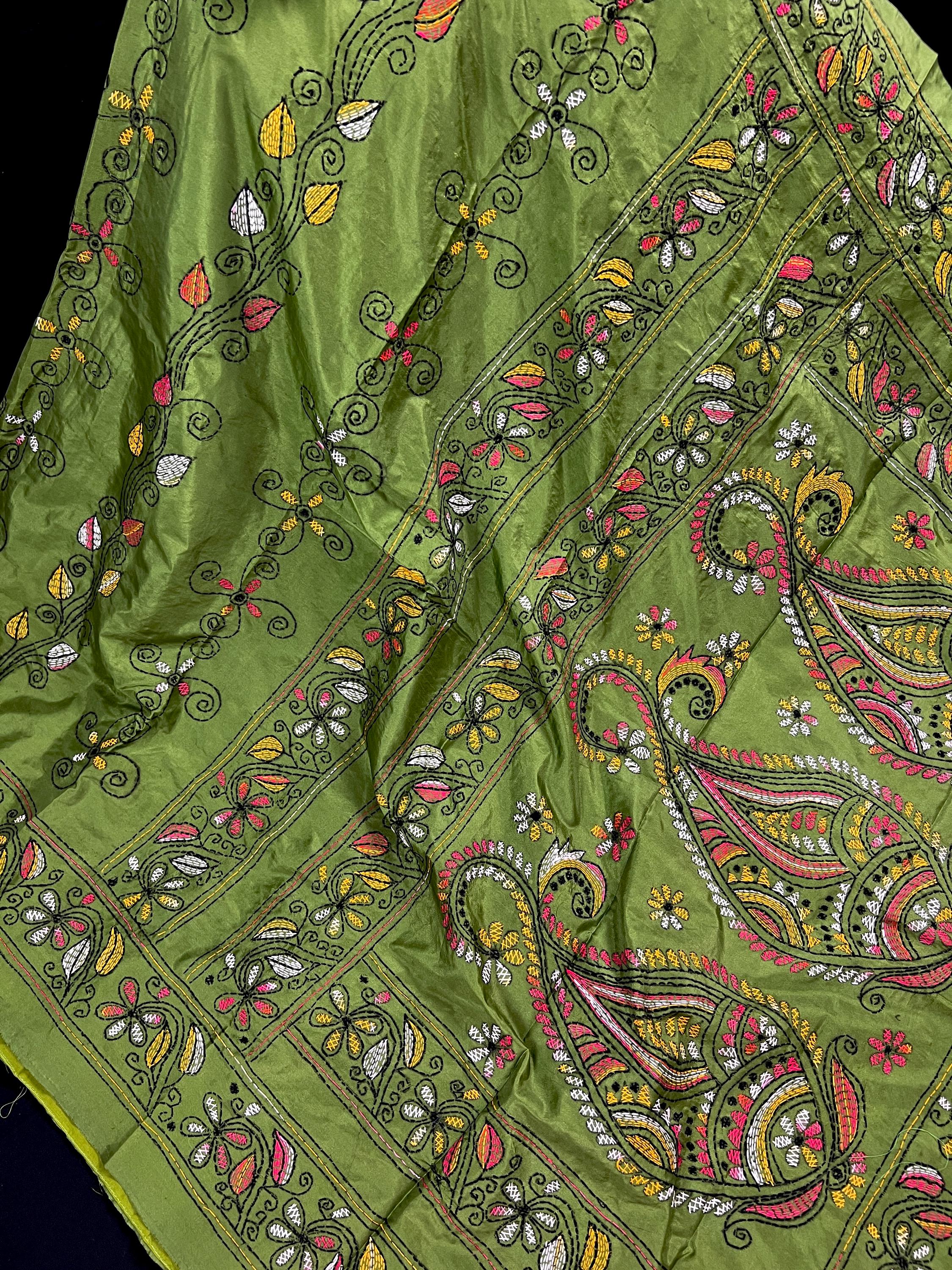 Mehndi Green Color Bangalori Silk Saree With Hand Kantha Stitch ...
