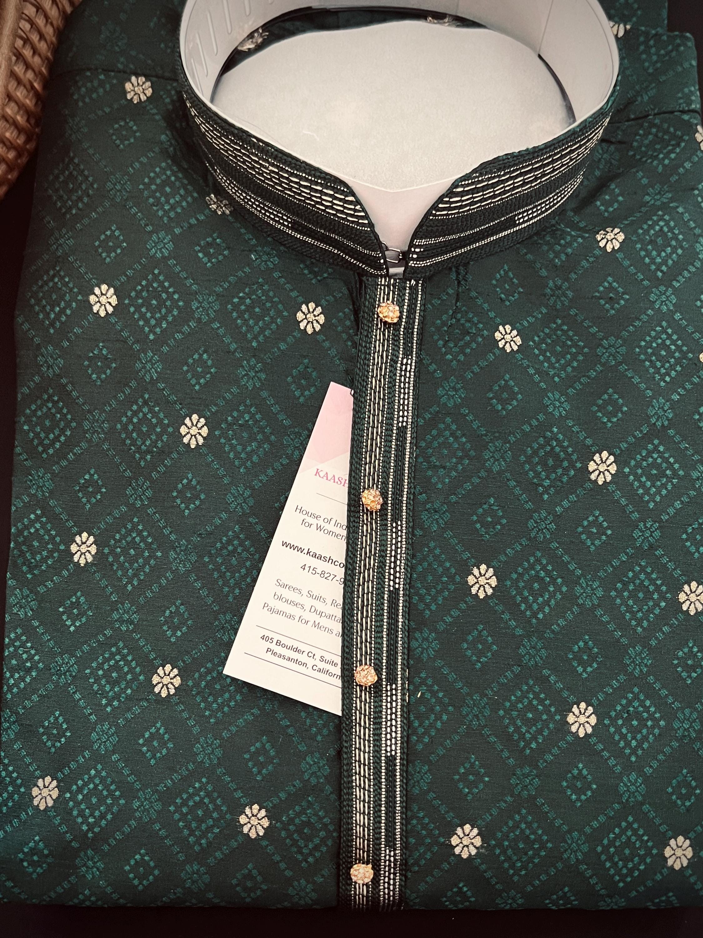 Bottle Green Men Kurta Pajama Set With Weave Work | Raw Silk Designer ...
