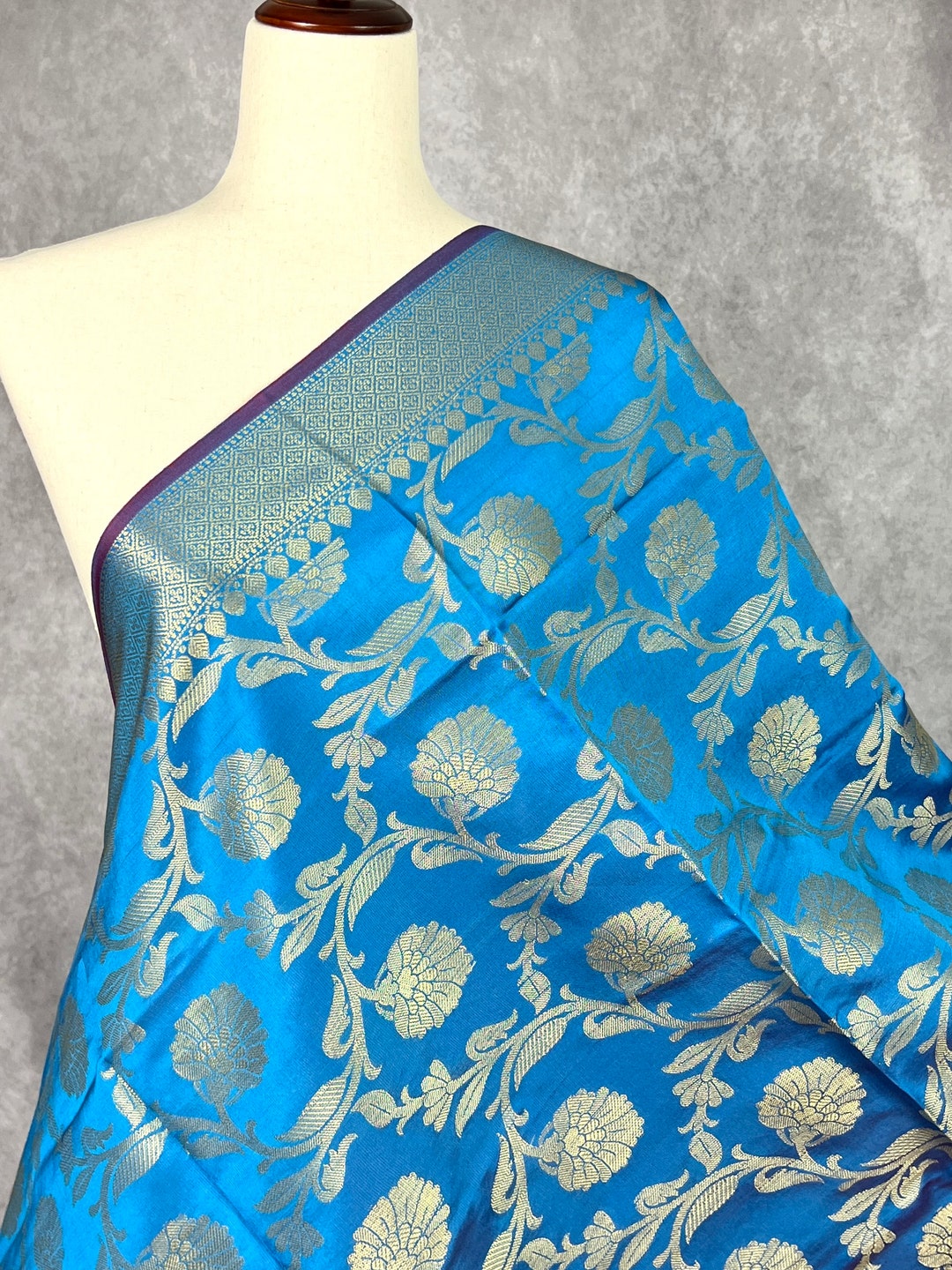Sky Blue Handmade Floral Jaal Muted Gold Zari Banarasi Weaved Dupatta ...