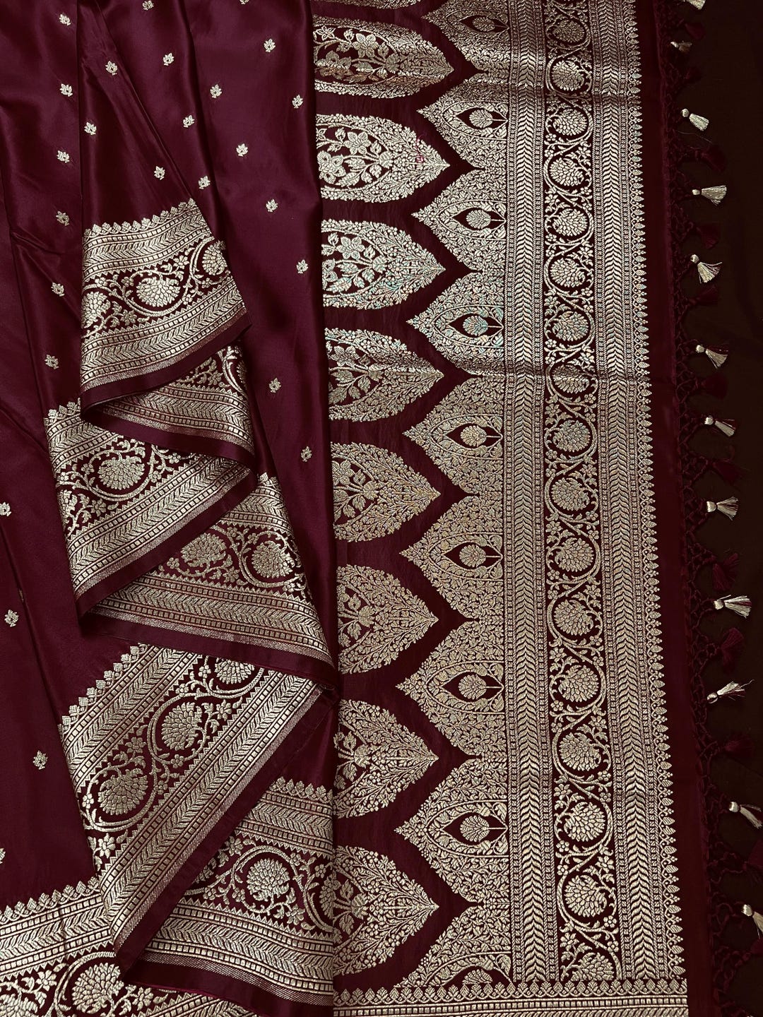 Wine Color Mashru Silk Handloom Saree With Gold Zari Weave Banarasi ...