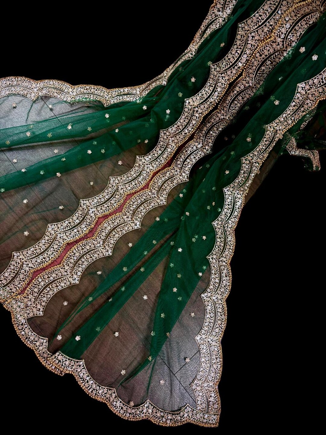 Bottle Green Color Net Dupatta With Gold Zari, Sequin and Beads ...