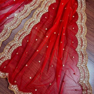 Red Color Net Dupatta With Zari, Sequin and Beads | Red Color Dupatta ...