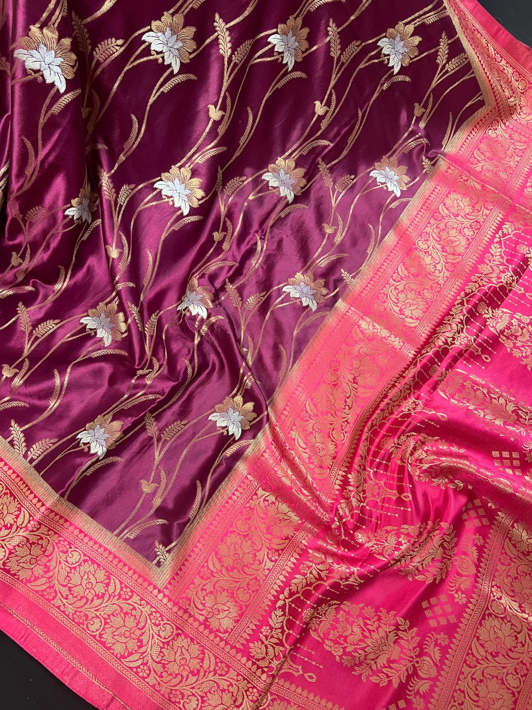 Wine and Hot Pink Color Soft Mashru Silk Handloom Saree With Gold Zari ...