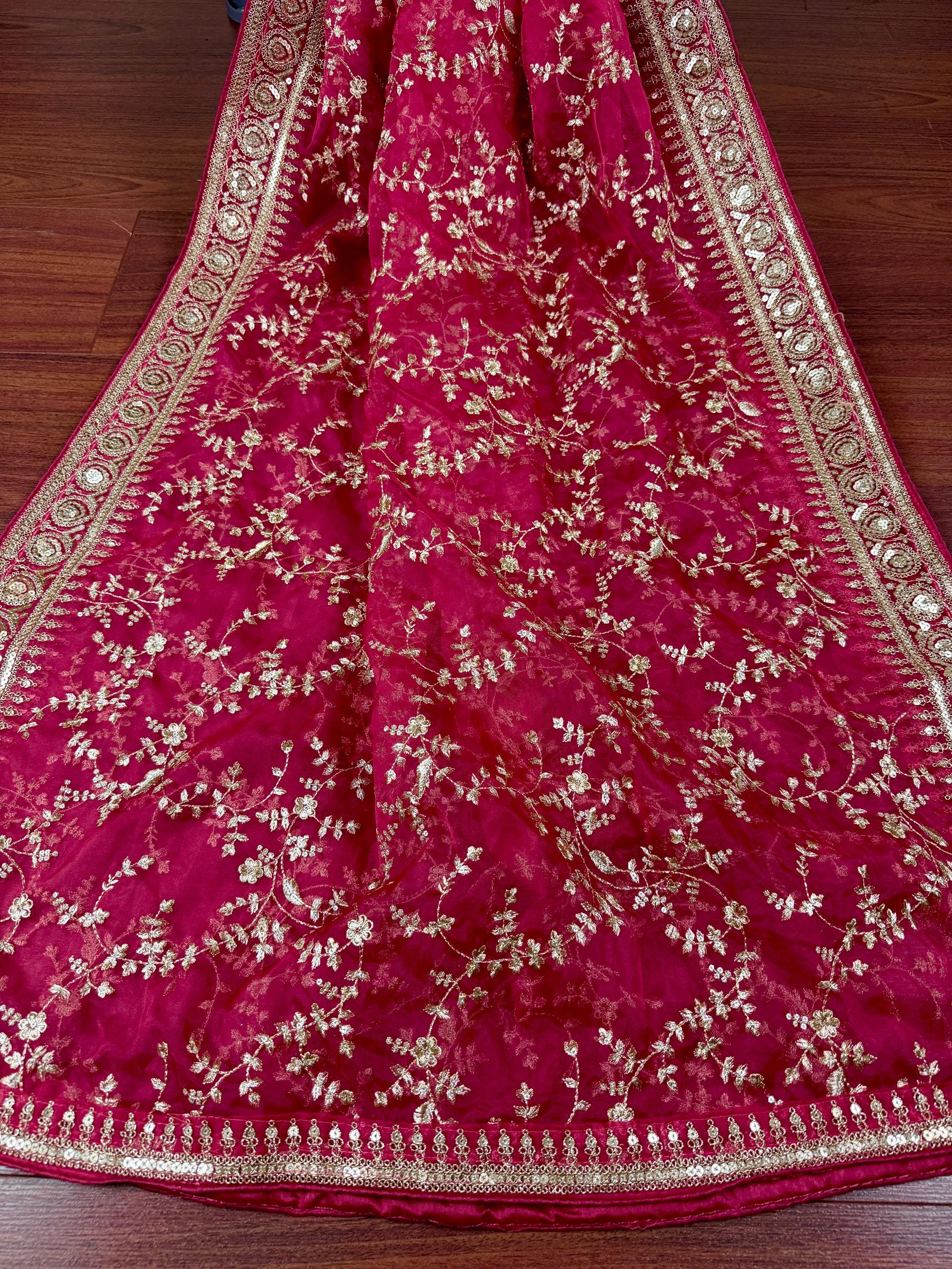 Statement Hot Pink Color Organza Silk Dupatta With Muted Gold Zari ...