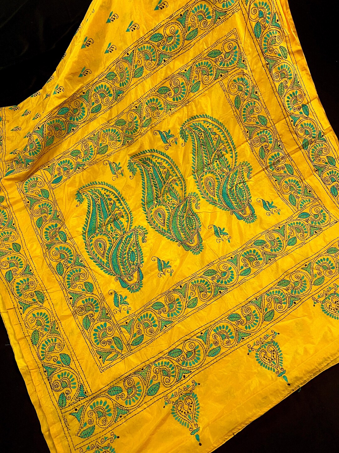 Mango Yellow Color Hand Kantha Stitch Saree With Tuquoise Kantha ...