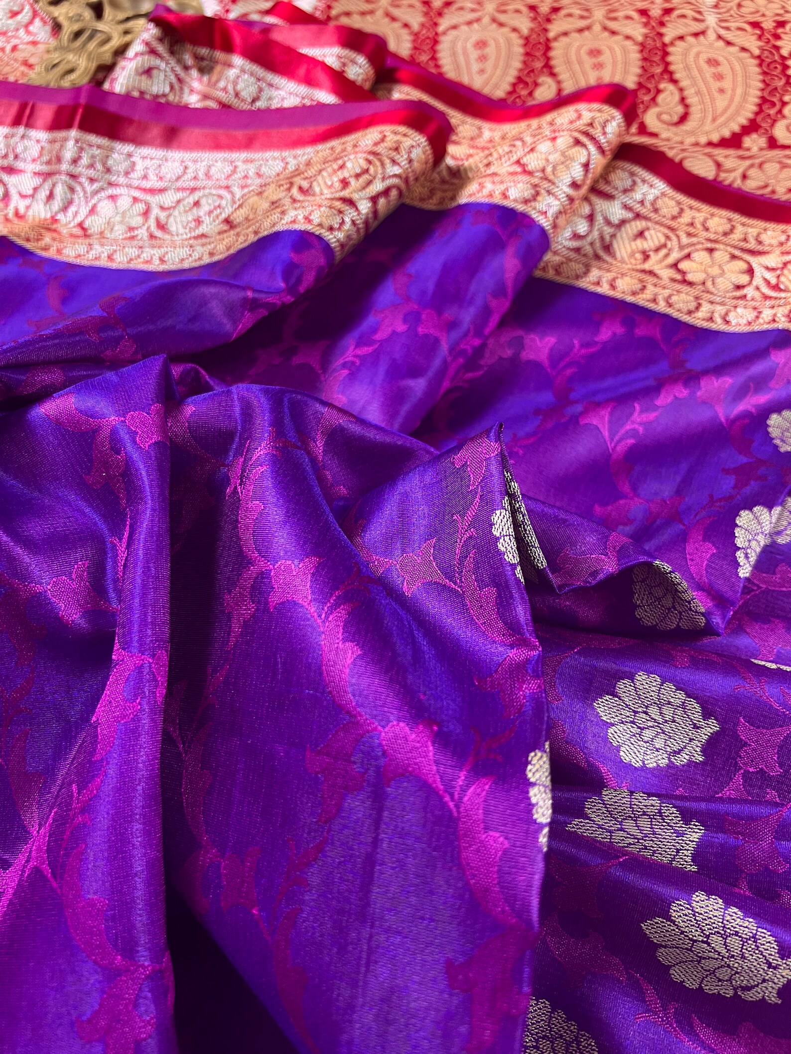 Purple With Red Borders Banarasi Tanchoi Silk Handloom Saree - Etsy
