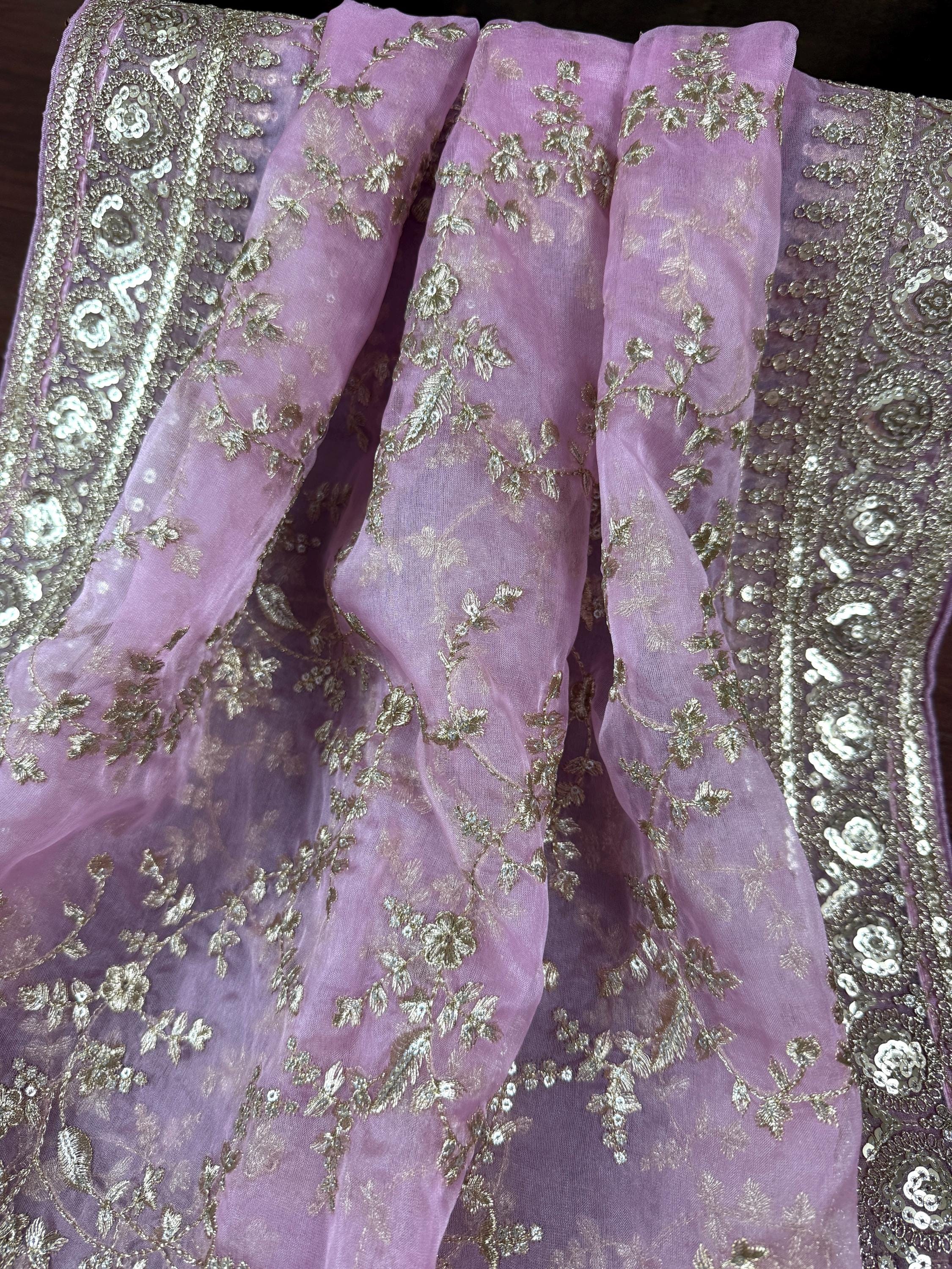 Statement Pastel Onion Lavender Color Organza Silk Dupatta With Muted ...