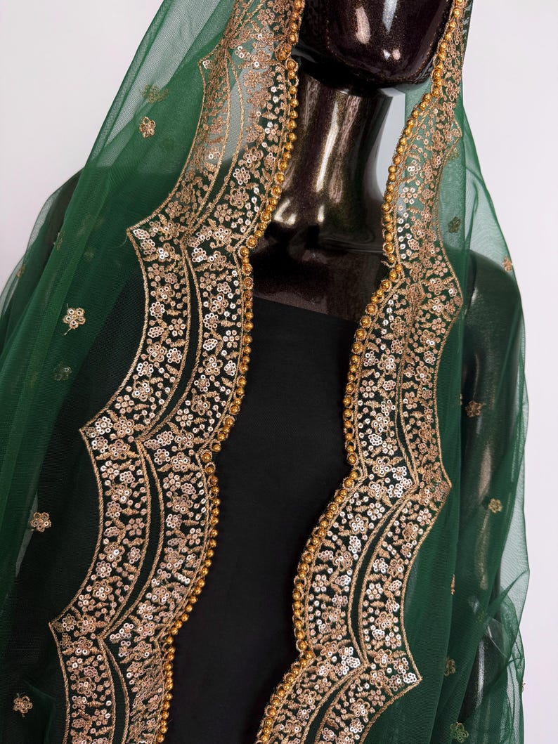 Bottle Green Color Net Dupatta With Gold Zari, Sequin and Bead | Sequin ...