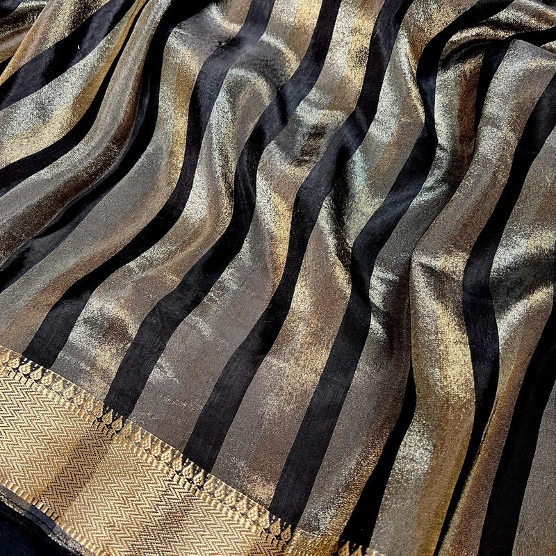 Black Saree Gold Stripes - Etsy UK