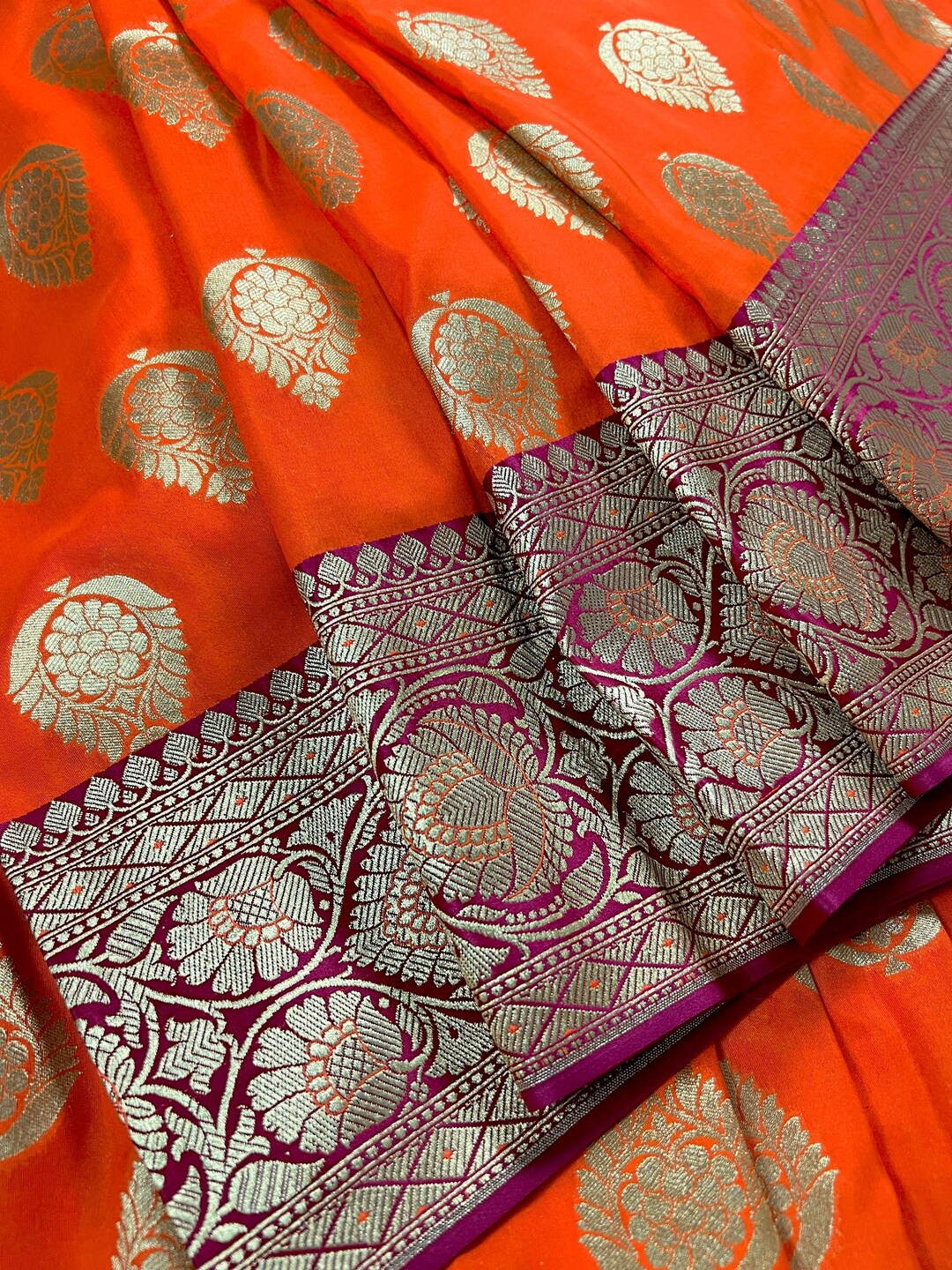 Bright Fanta Orange Traditional Banarasi Handloom Saree Silk With Pink ...