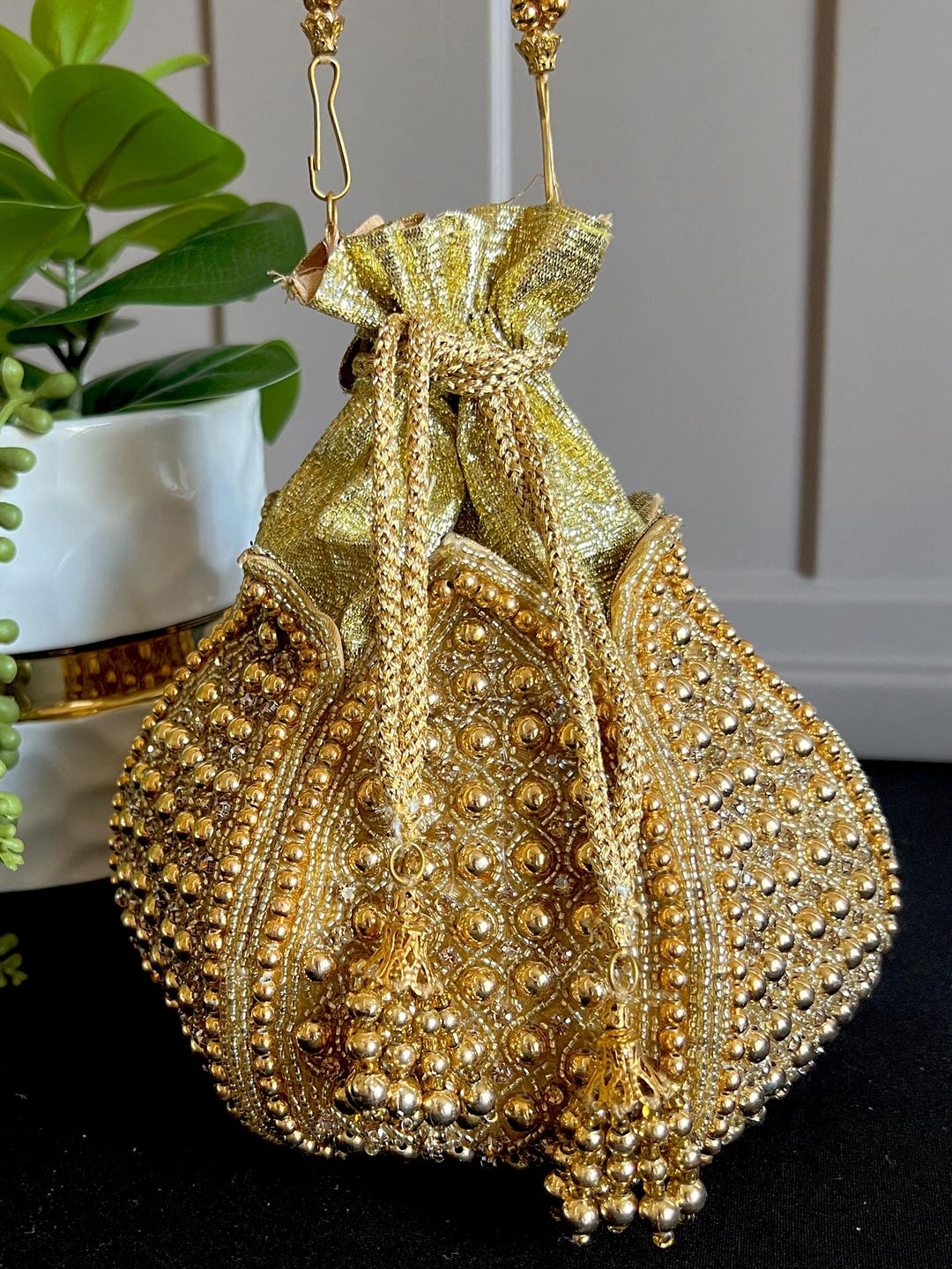 Gold Potli Bag | Gold Beaded Studded Clutch | Party Clutch Sling ...