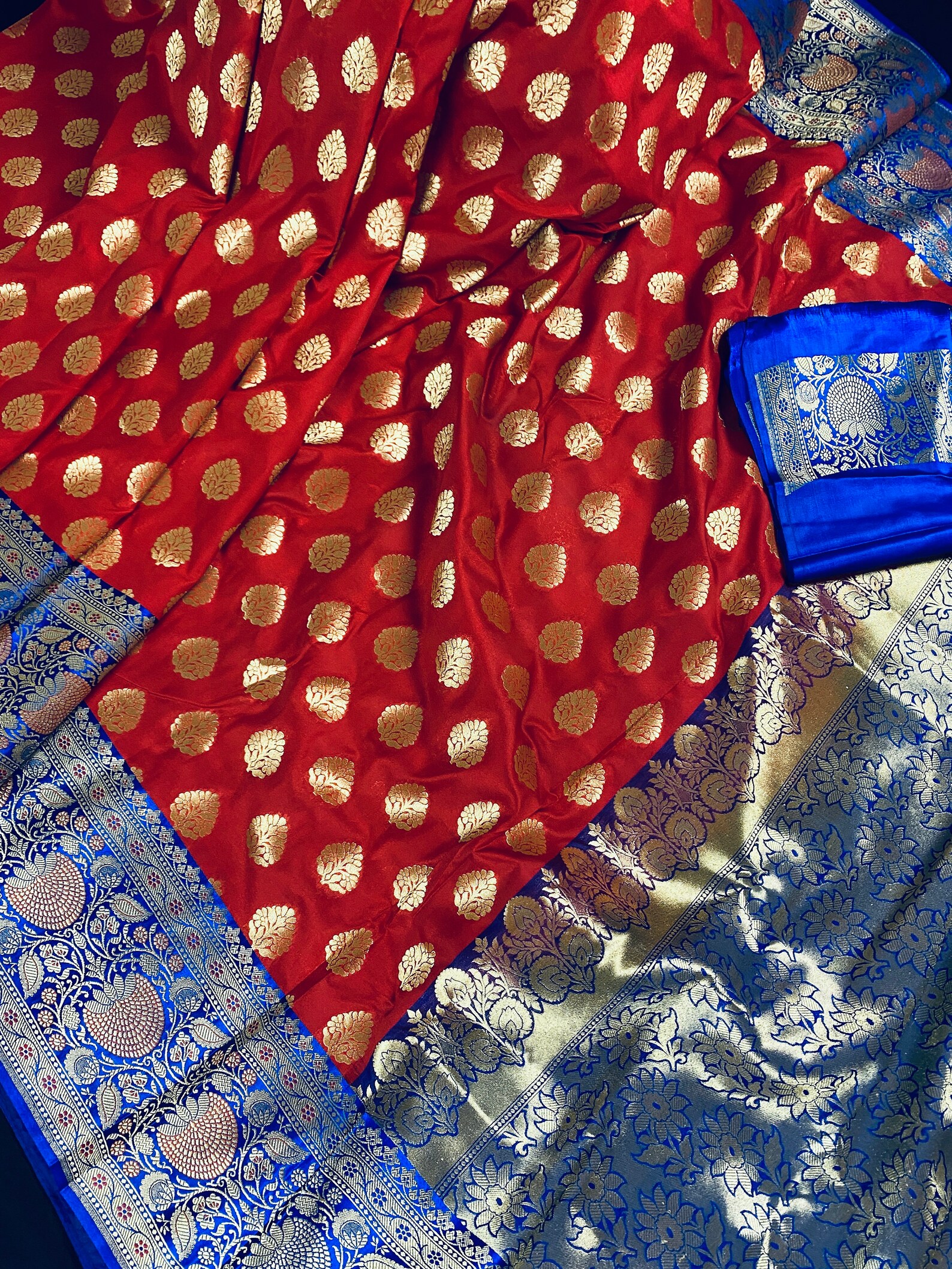 Red With Blue Color Combination Traditional Banarasi Handloom - Etsy