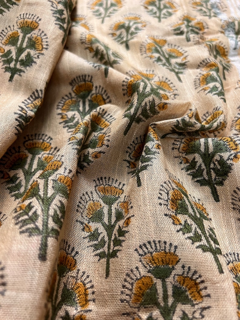 Statement Beige Color Authentic Bangru Hand Block Floral Print Linen ...