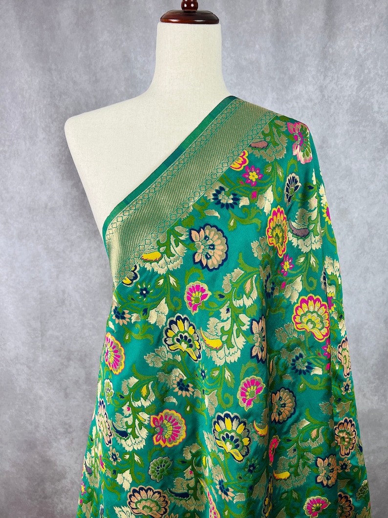 Green Paithani Style Floral Semi Banarasi Silk Dupatta | Grand Borders ...