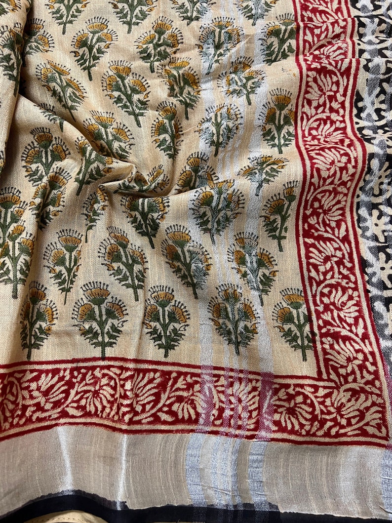 Statement Beige Color Authentic Bangru Hand Block Floral Print Linen ...