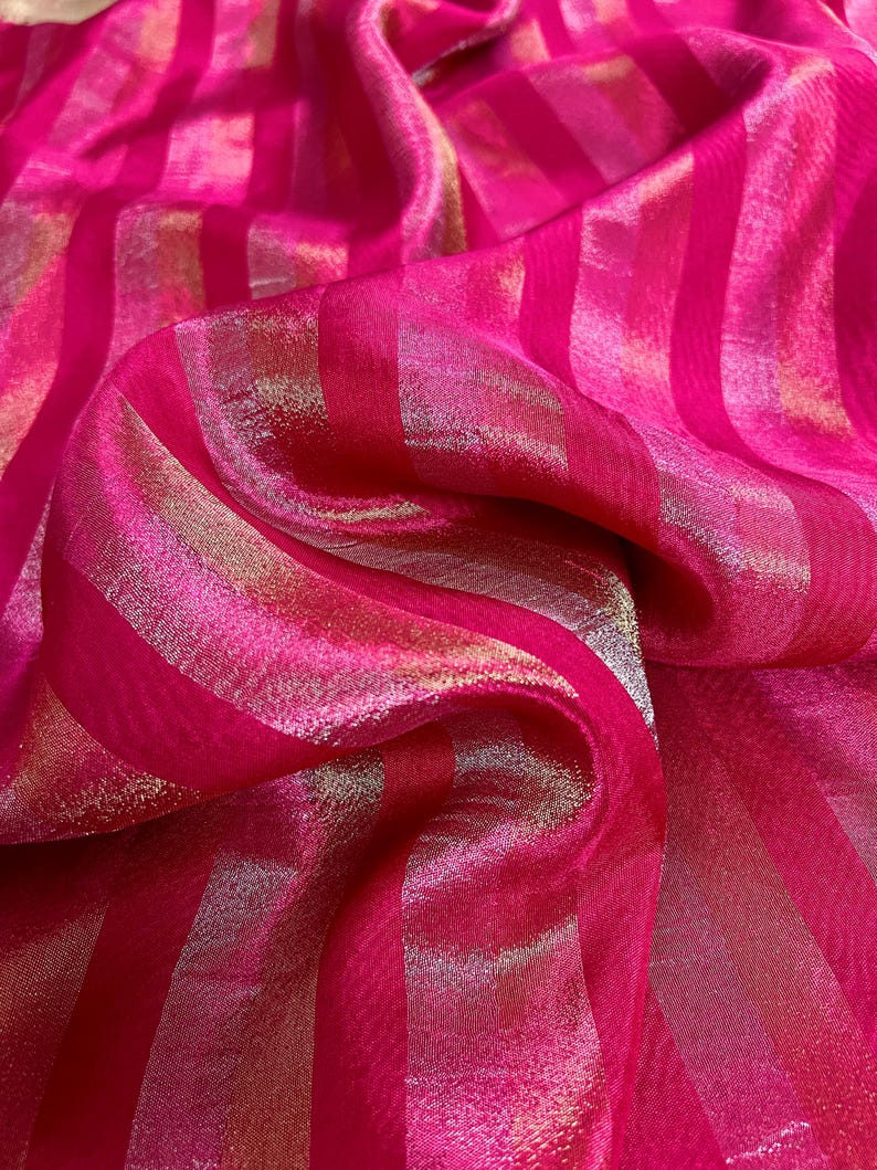 Statement Handmade Hot Pink Color Striped Banarasi Satin Tissue Silk ...
