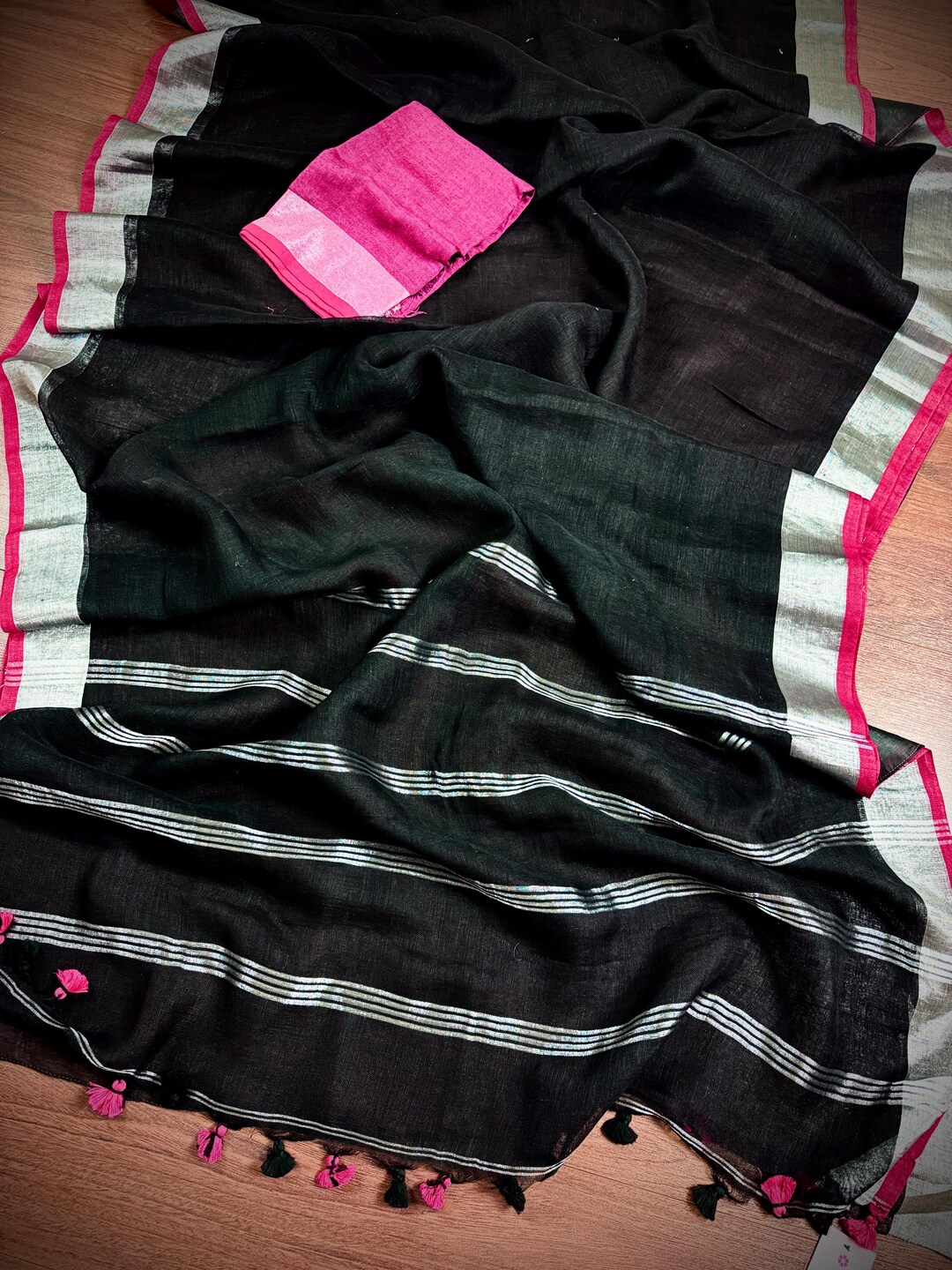 Black Color Pure Bengal Handloom Linen Saree With Sliver Zari Border ...