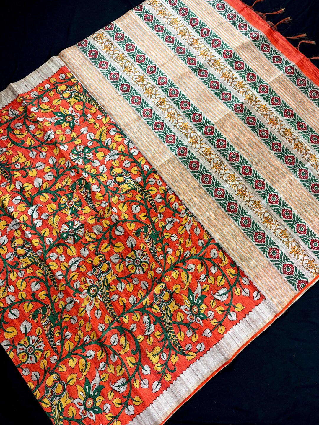 Orange Color Tussar Gicha Silk Saree With Kalamkari Prints | Orange ...