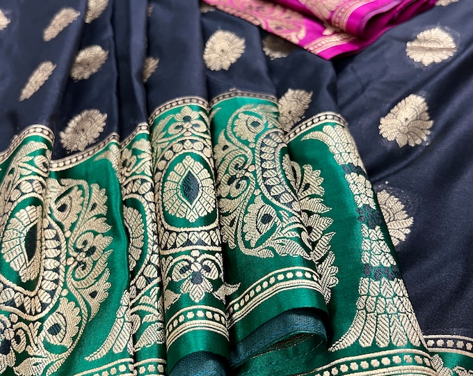 Black Saree With Green and Pink Borders and Pallu Banarasi Soft Silk ...