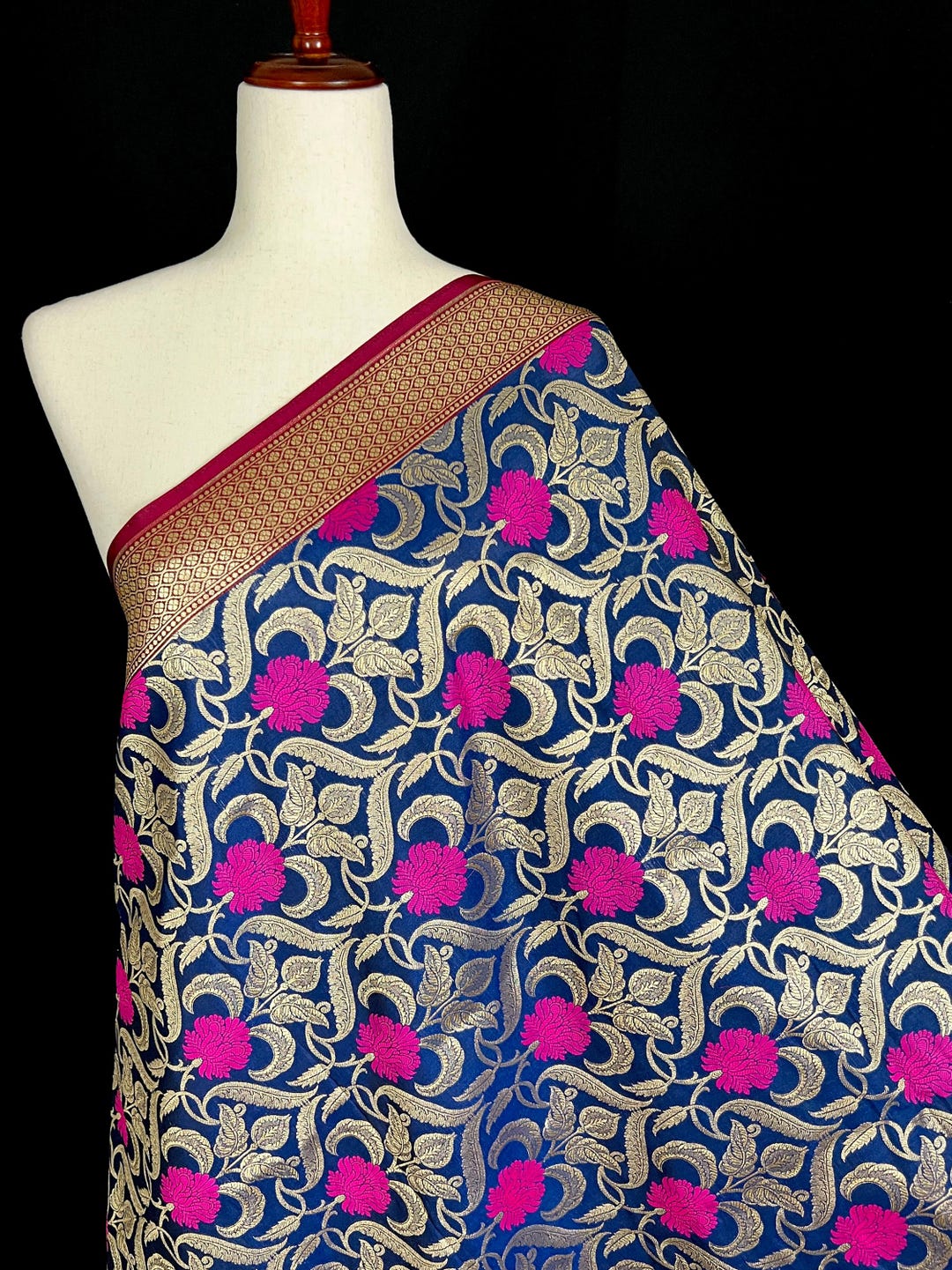 Navy Blue Color Dupatta With Floral Jaal - Banarasi Silk Dupatta - Pink ...