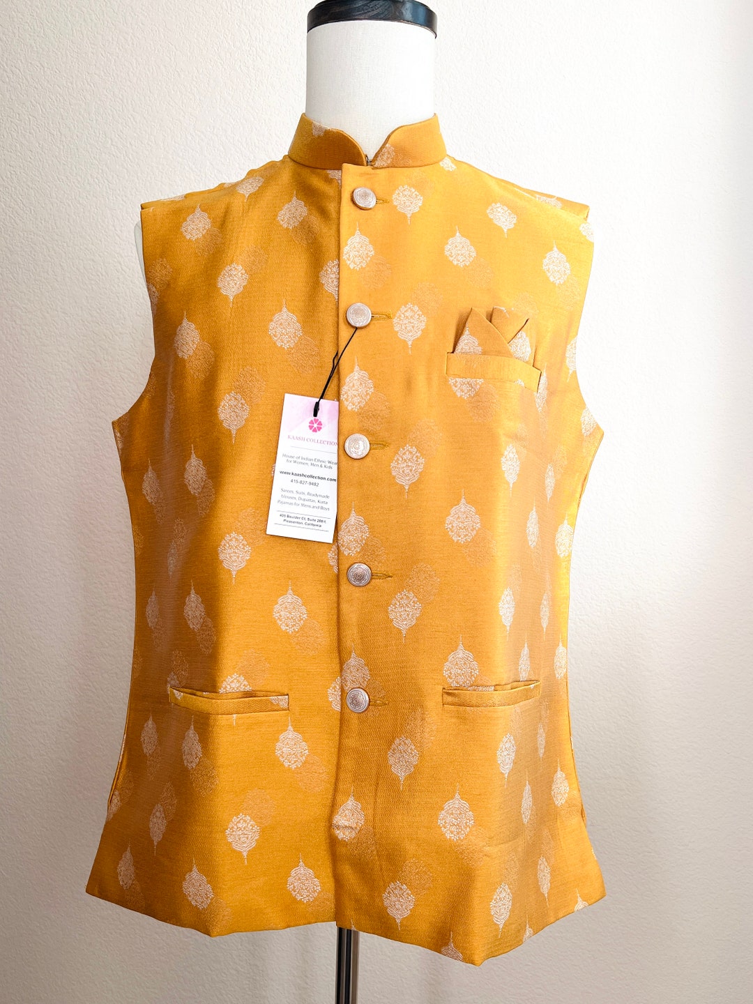 Designer Mango Yellow Modi Nehru Jacket for Men in Silk | Waist Coat ...
