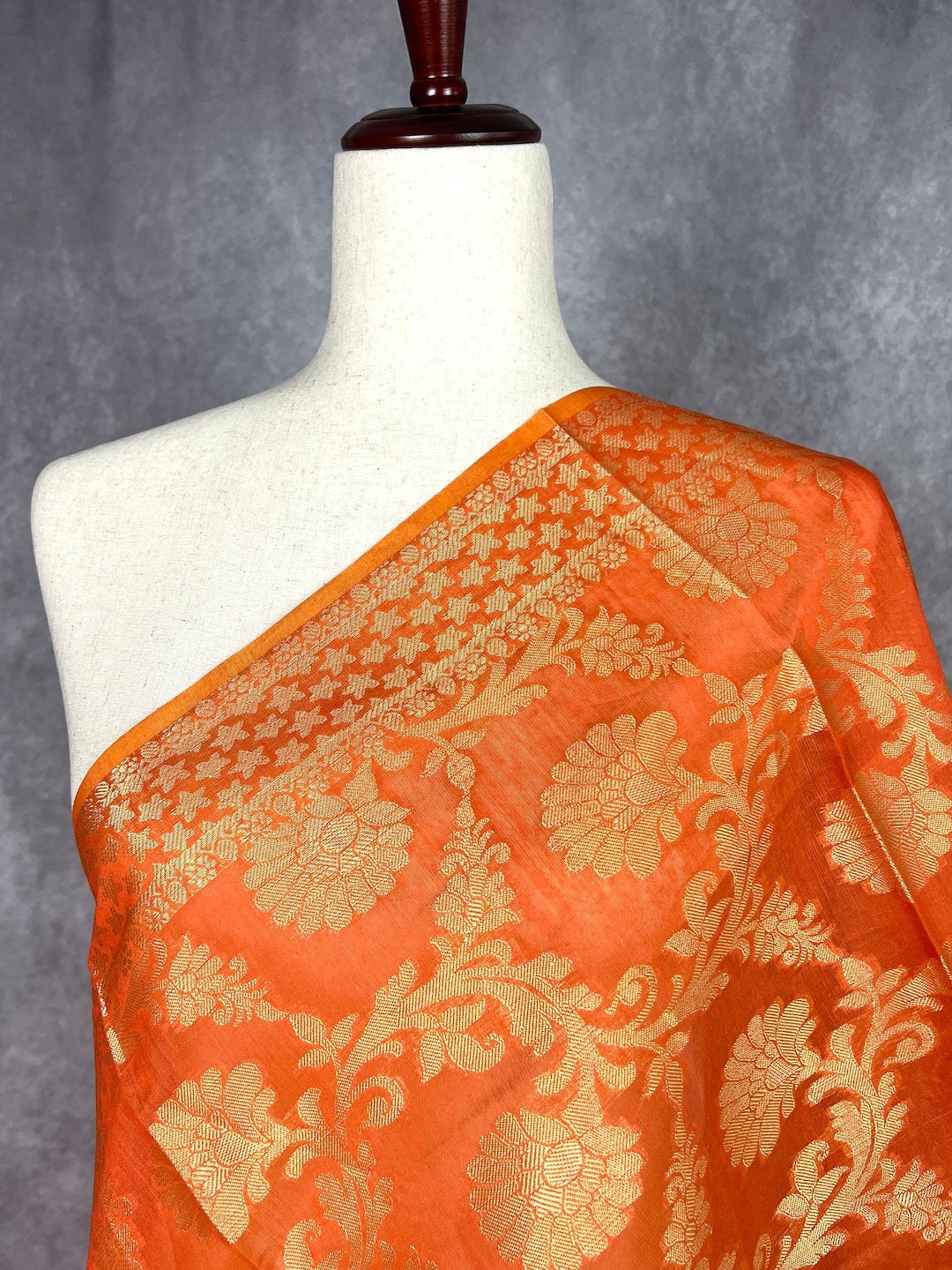 Orange Color Benarasi Handwoven Semi Silk Dupatta With Muted Gold Zari ...