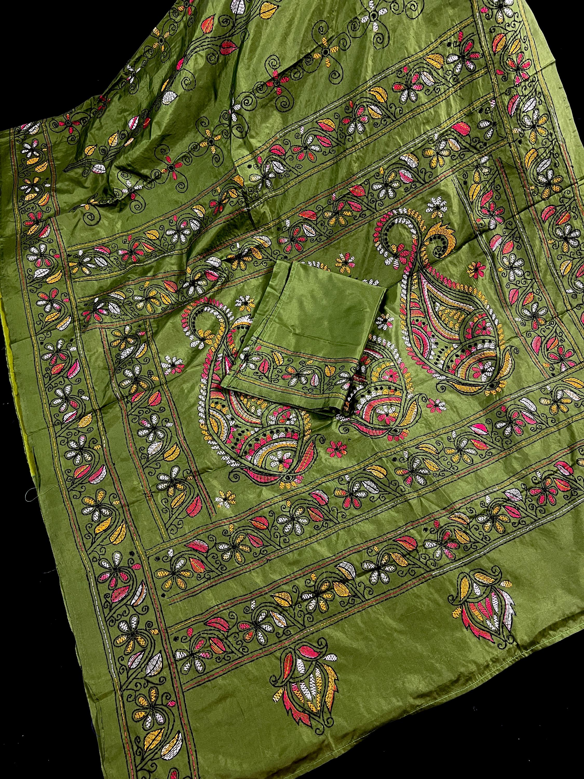 Mehndi Green Color Bangalori Silk Saree With Hand Kantha Stitch ...