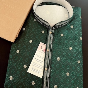 Bottle Green Men Kurta Pajama Set With Weave Work | Raw Silk Designer ...