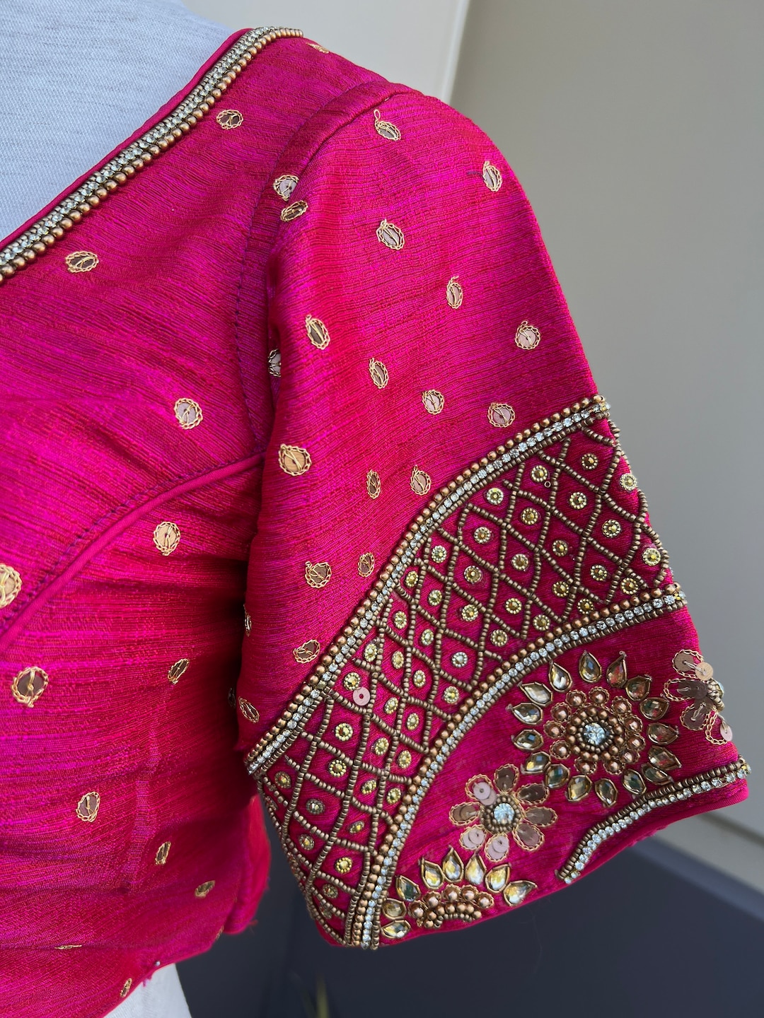 Hot Pink Color Raw Silk Ready to Wear Blouse | Handwork Blouses ...