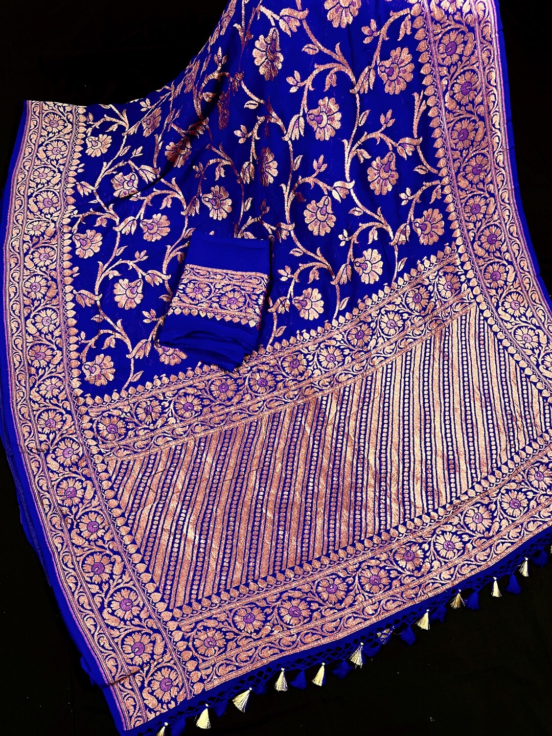 Royal Blue Color Pure Khaddi Georgette Banarasi Silk Saree With Antique ...