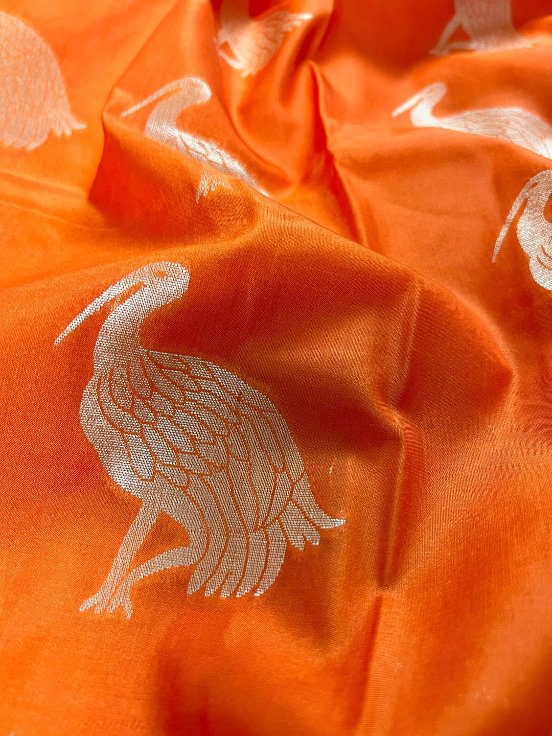 Orange Color Traditional Handloom Banarasi Saree With Crane Motifs Silk ...